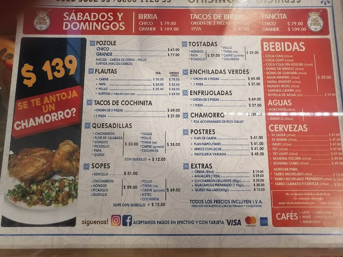 Carta del restaurante Central del Antojos, Ciudad del México