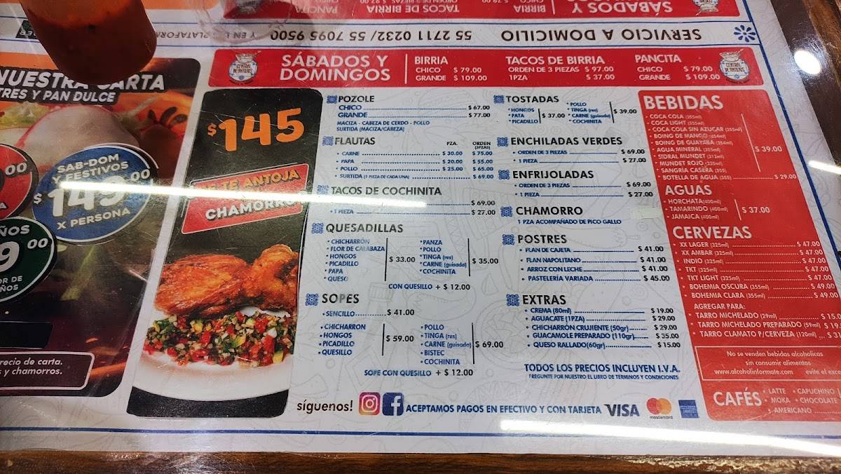 Carta del restaurante Central del Antojos, Ciudad del México
