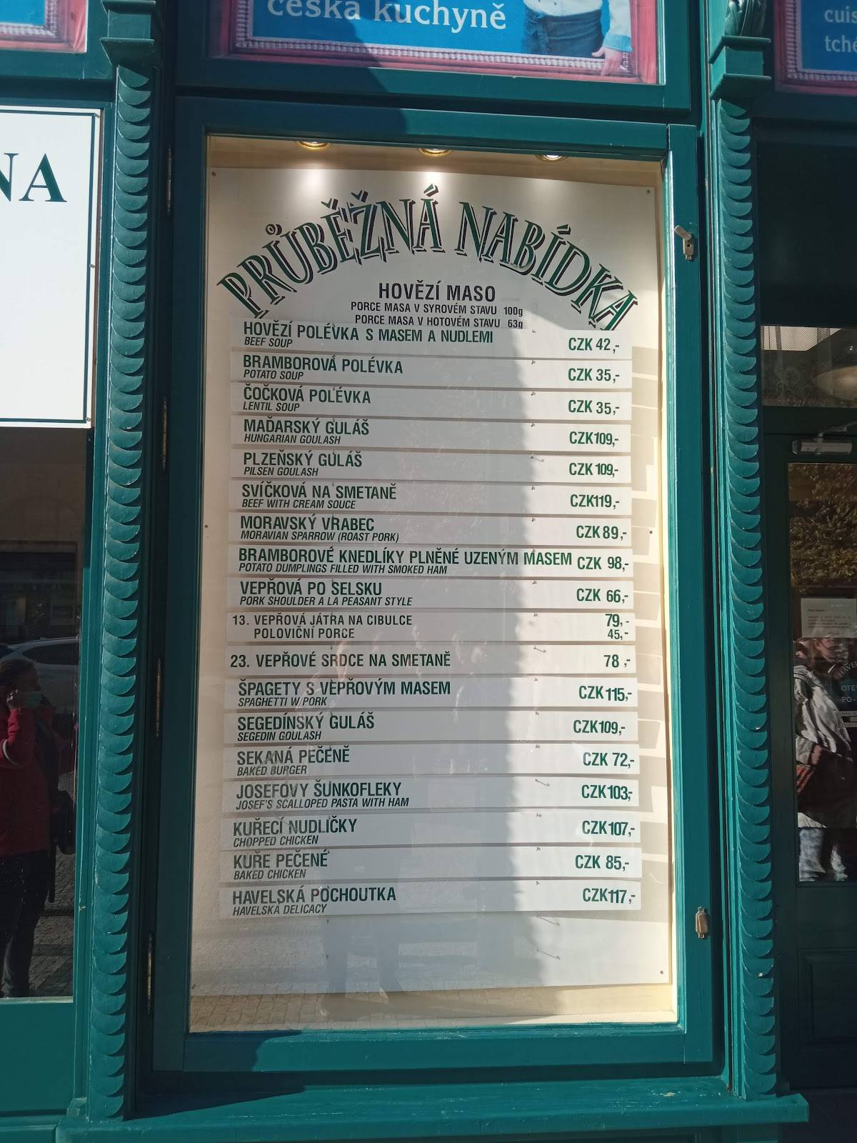 Menu at Česká Kuchyně restaurant, Prague, Old Town
