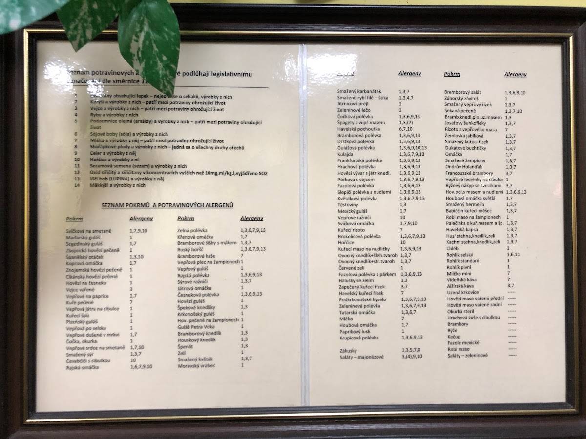 Menu at Česká Kuchyně restaurant, Prague, Old Town