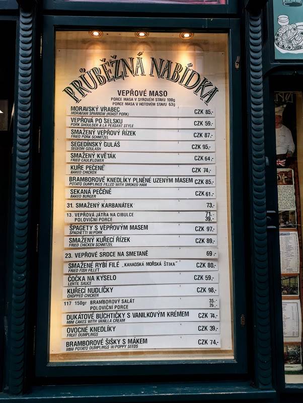 Menu at Česká Kuchyně restaurant, Prague, Old Town