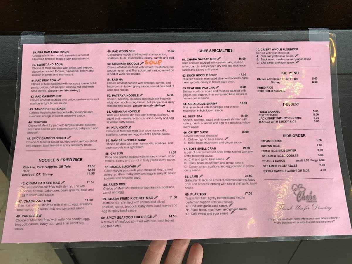 Menu at Chaba Thai Bistro restaurant, Beaumont, Phelan Blvd