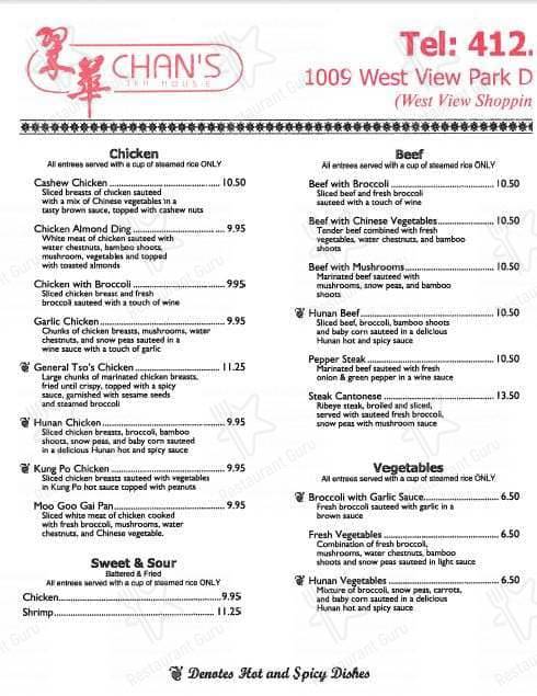 Menu at Chan's Tea House restaurant, West View