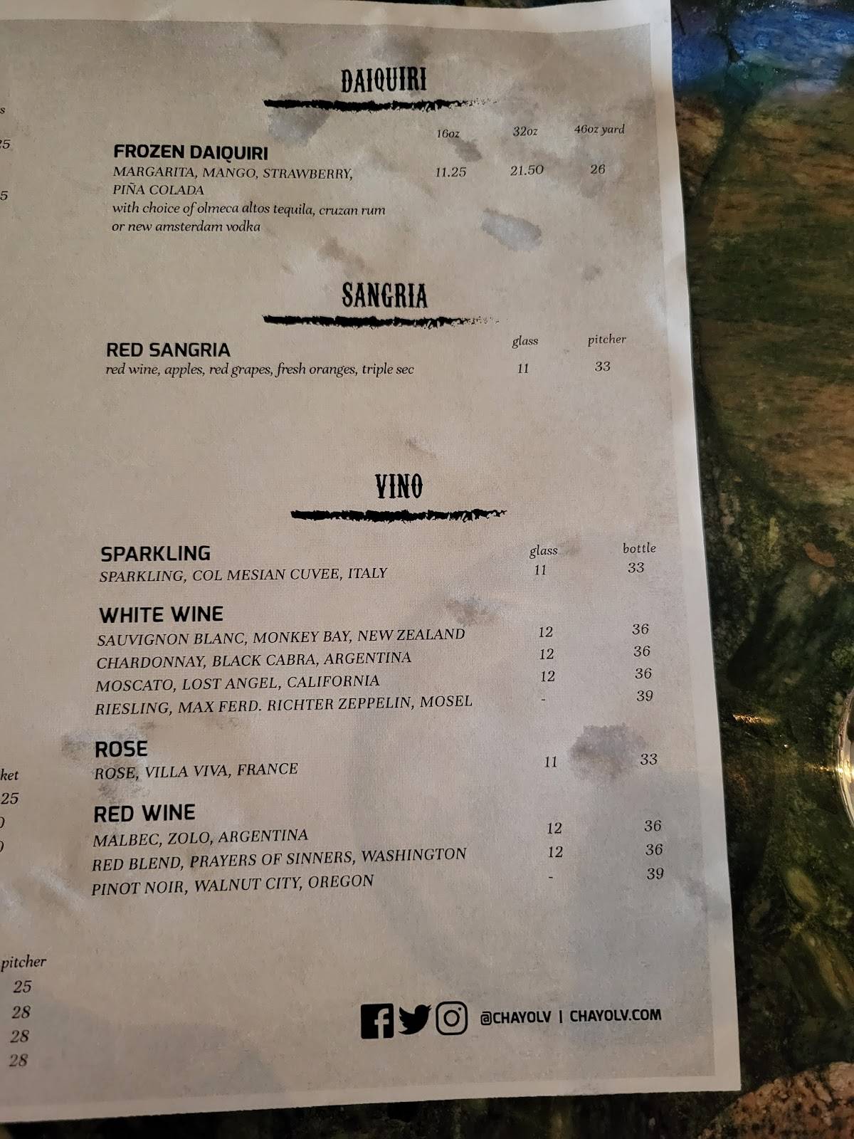 Menu at Chayo Mexican Kitchen + Tequila Bar, Las Vegas