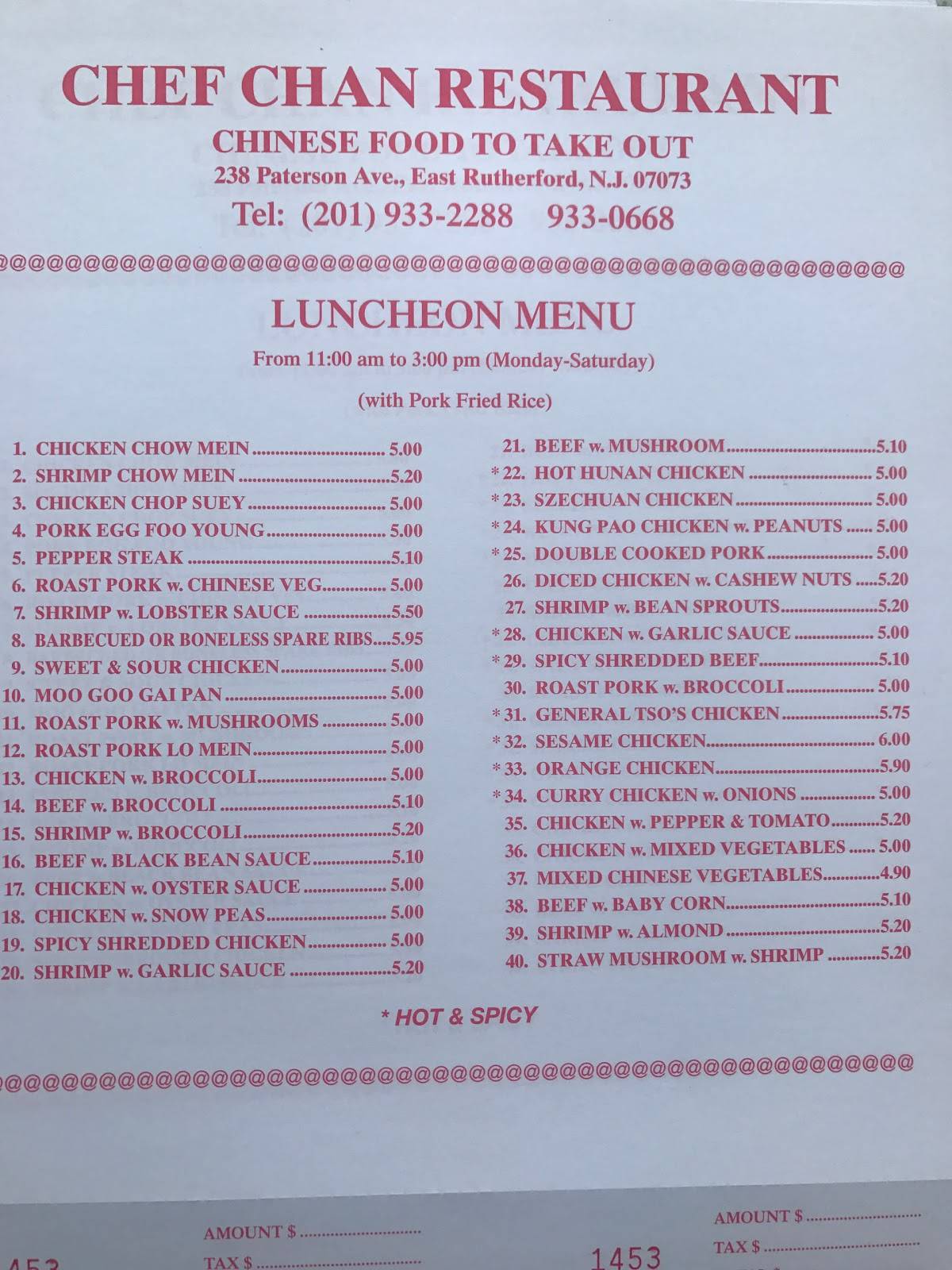 Menu at Chef Chan Restaurant, East Rutherford