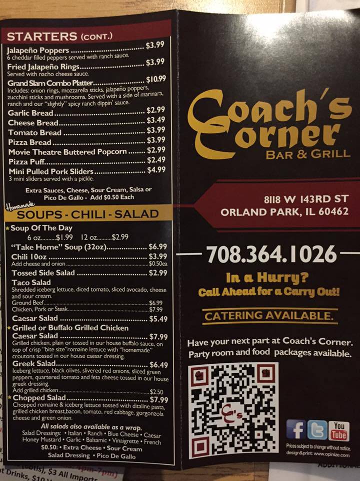 Menu at Coach's Corner Sports Bar & Grill, Orland Park, W 143rd St