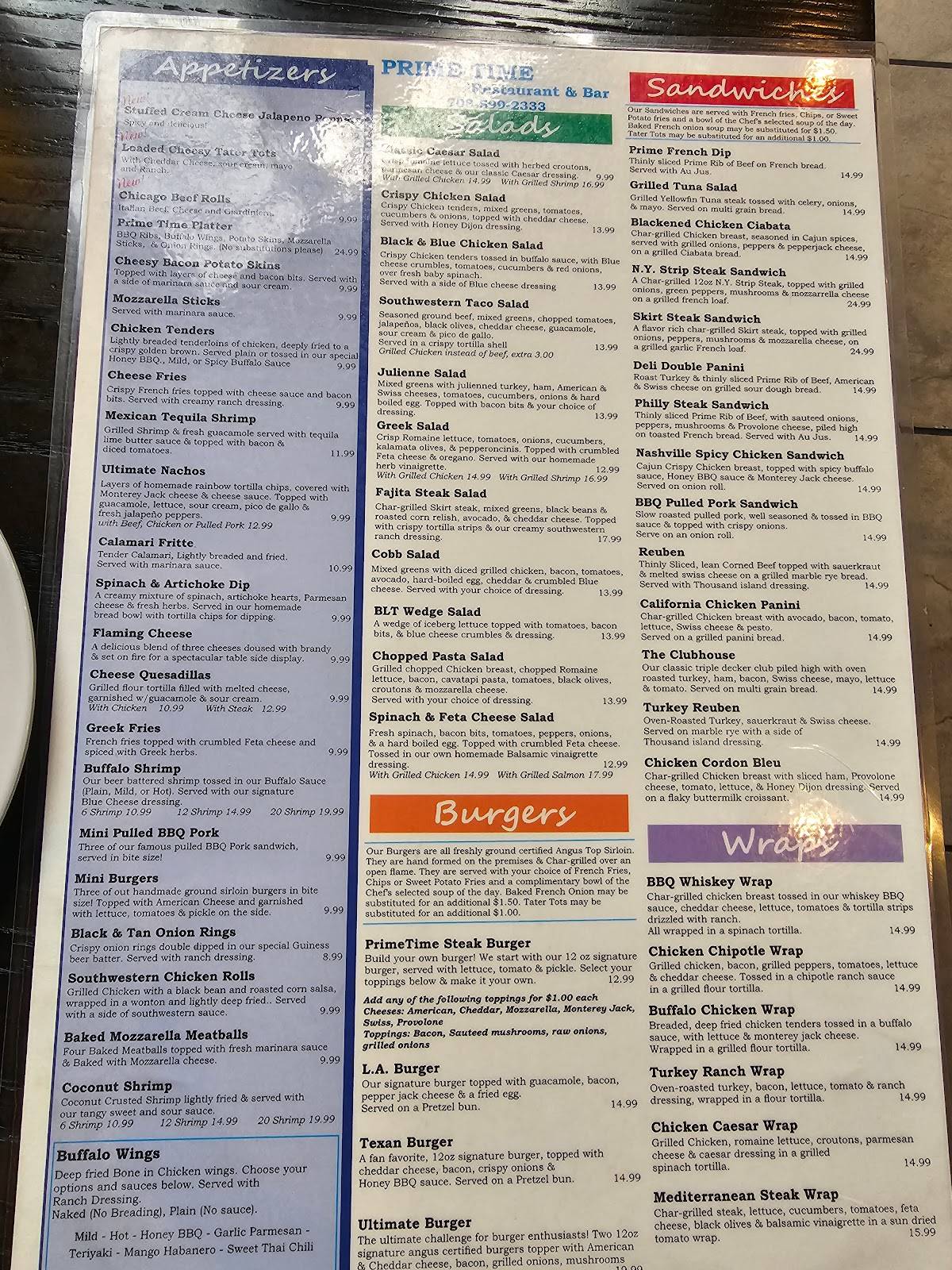 Menu at Prime Time Restaurant, Hickory Hills