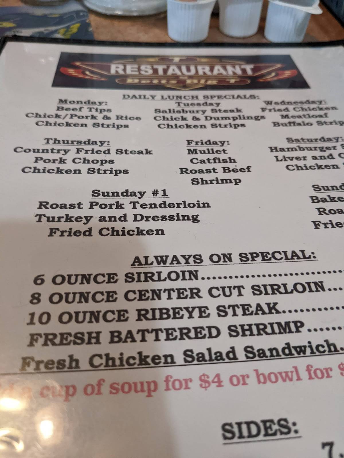 Menu at Bett's Big T Restaurant, Chiefland