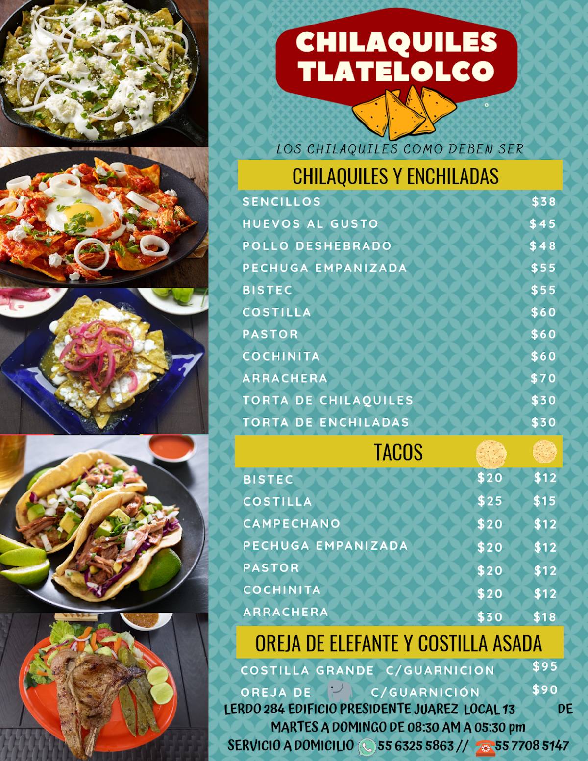 Carta del restaurante Chilaquiles Tlatelolco, Mexico