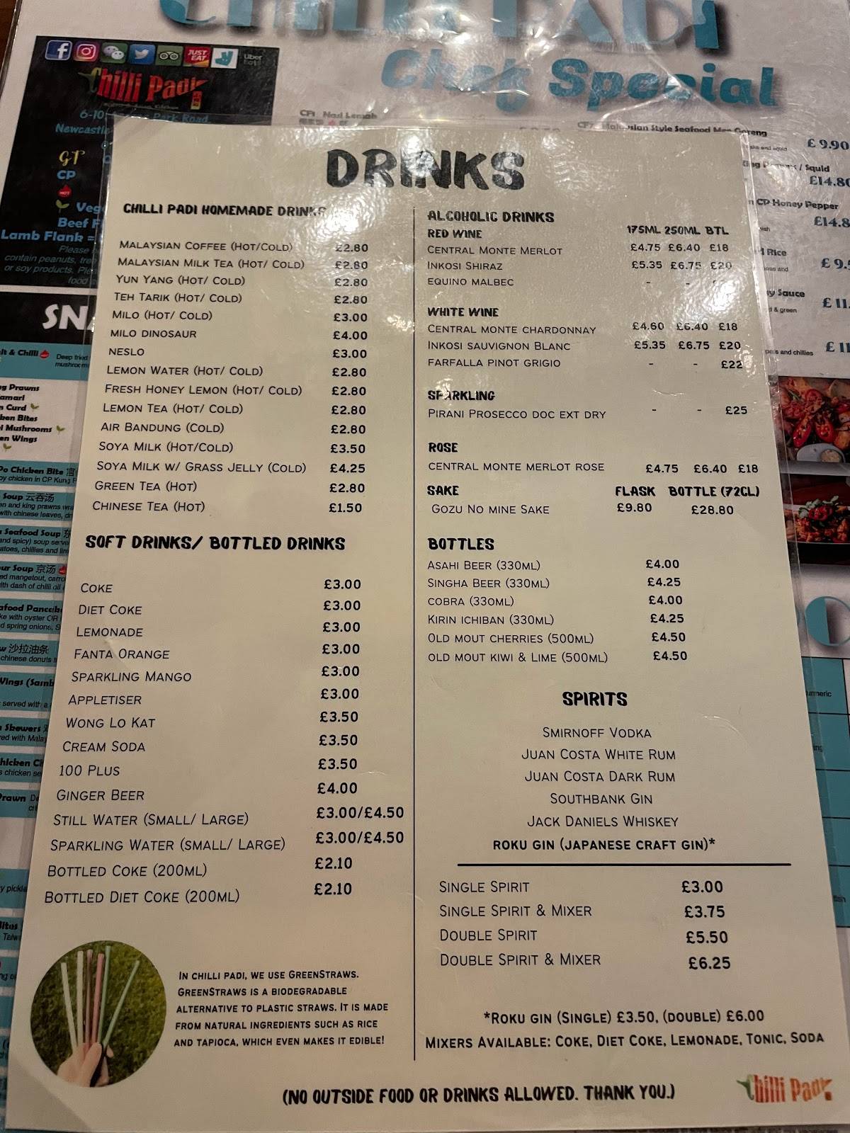 Menu at Chilli Padi restaurant, Newcastle upon Tyne