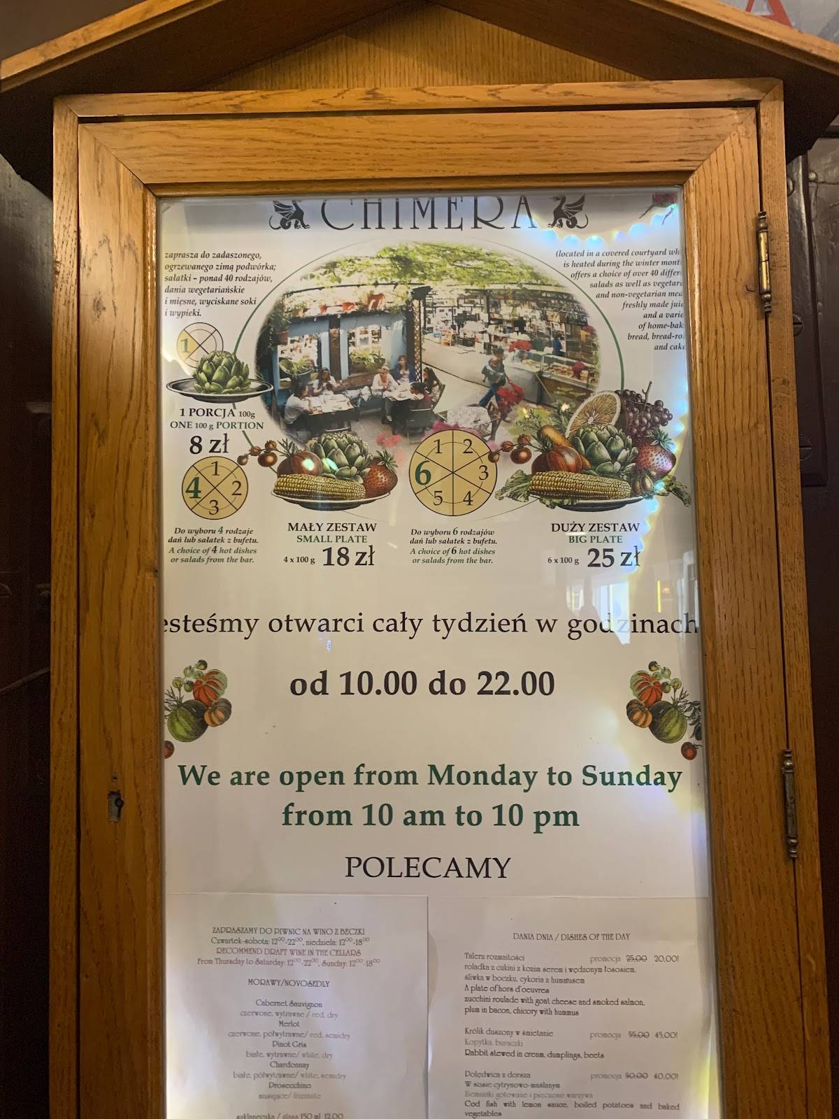 Menu at Chimera cafeteria, Kraków