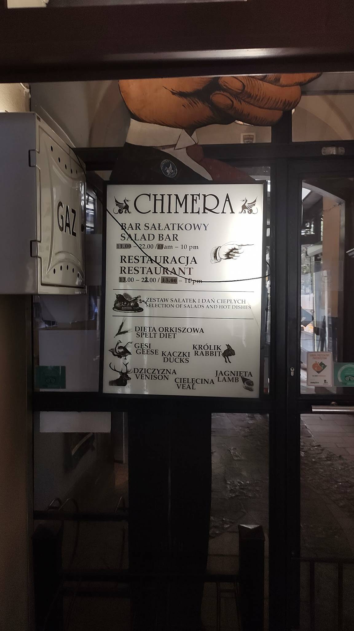 Menu at Chimera cafeteria, Kraków