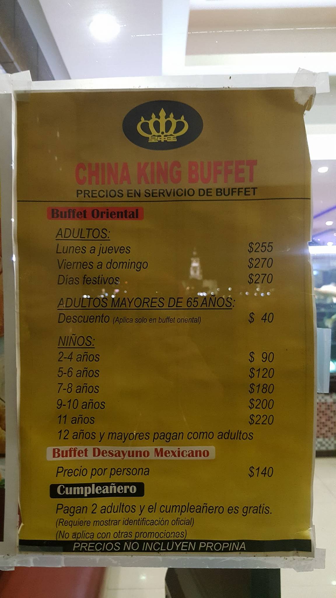 Carta del restaurante China King Buffet del Plaza China, Tijuana, Av. Cochimies 16210