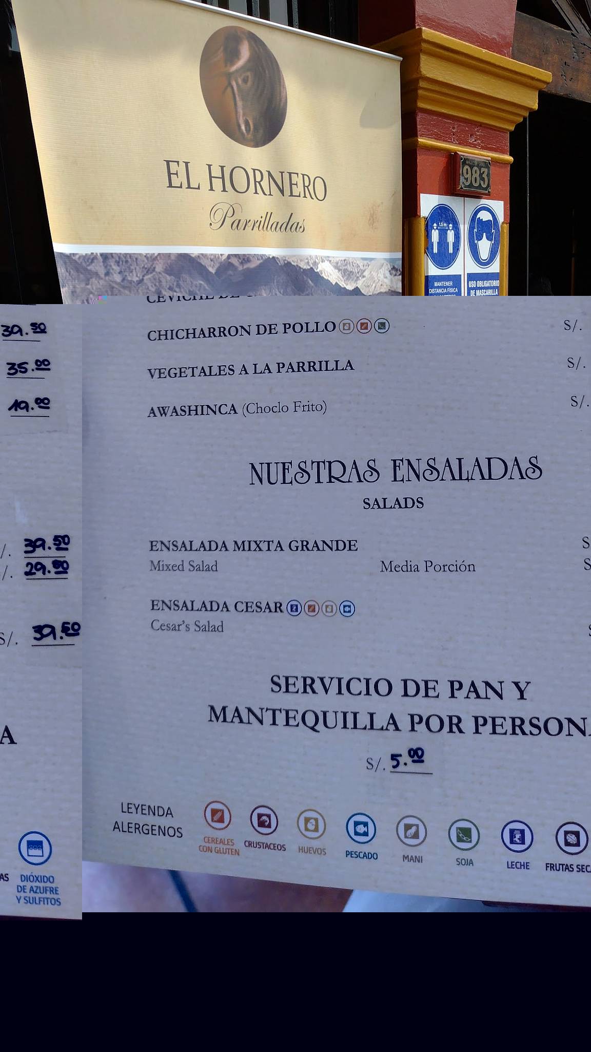 Carta del restaurante El Hornero Chorrillos, Miraflores