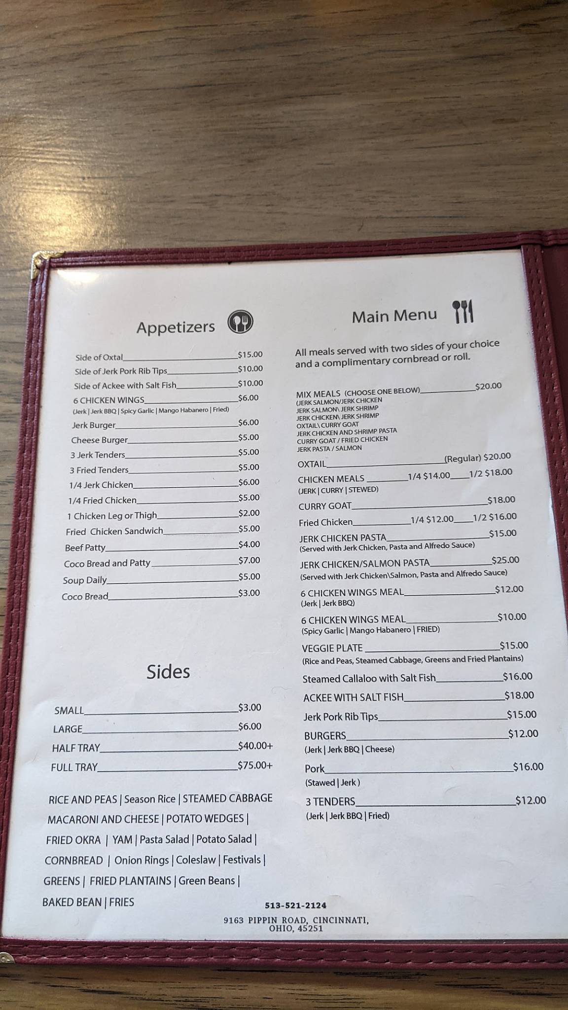 Menu at Gee's Caribbean Style restaurant, Cincinnati