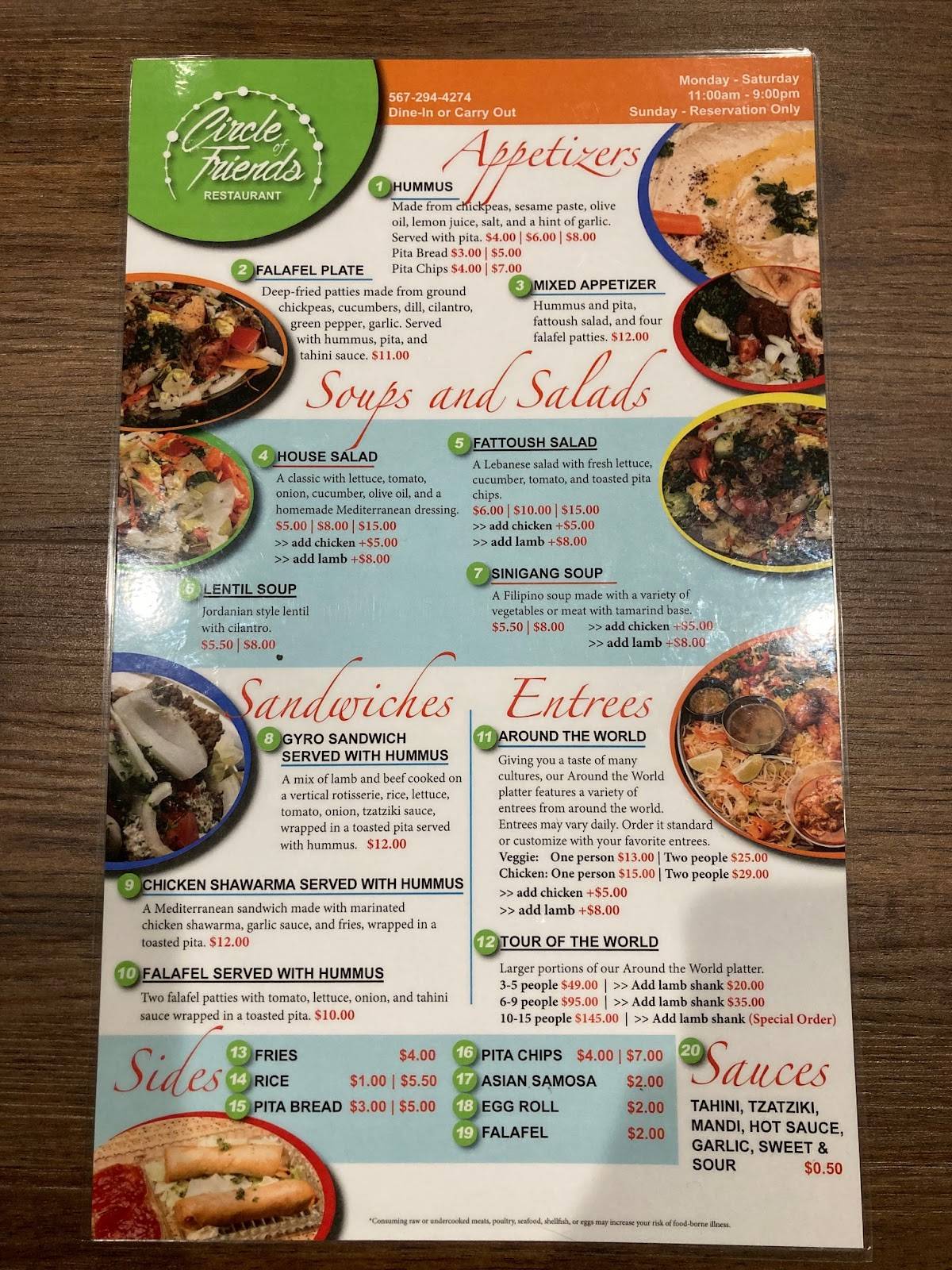 Menu at Circle of Friends Restaurant, Findlay, 125 W Sandusky St