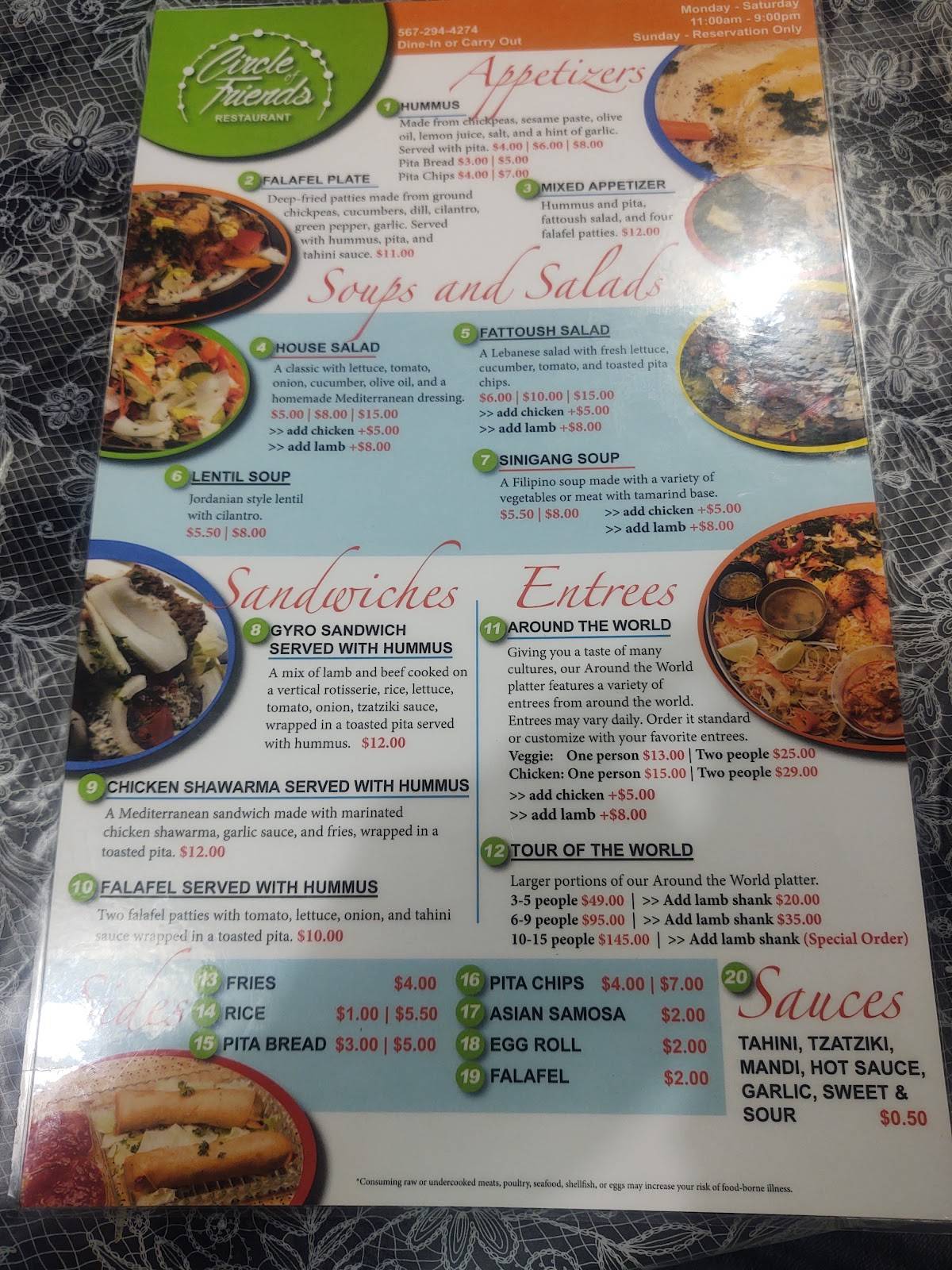 Menu at Circle of Friends Restaurant, Findlay, 125 W Sandusky St