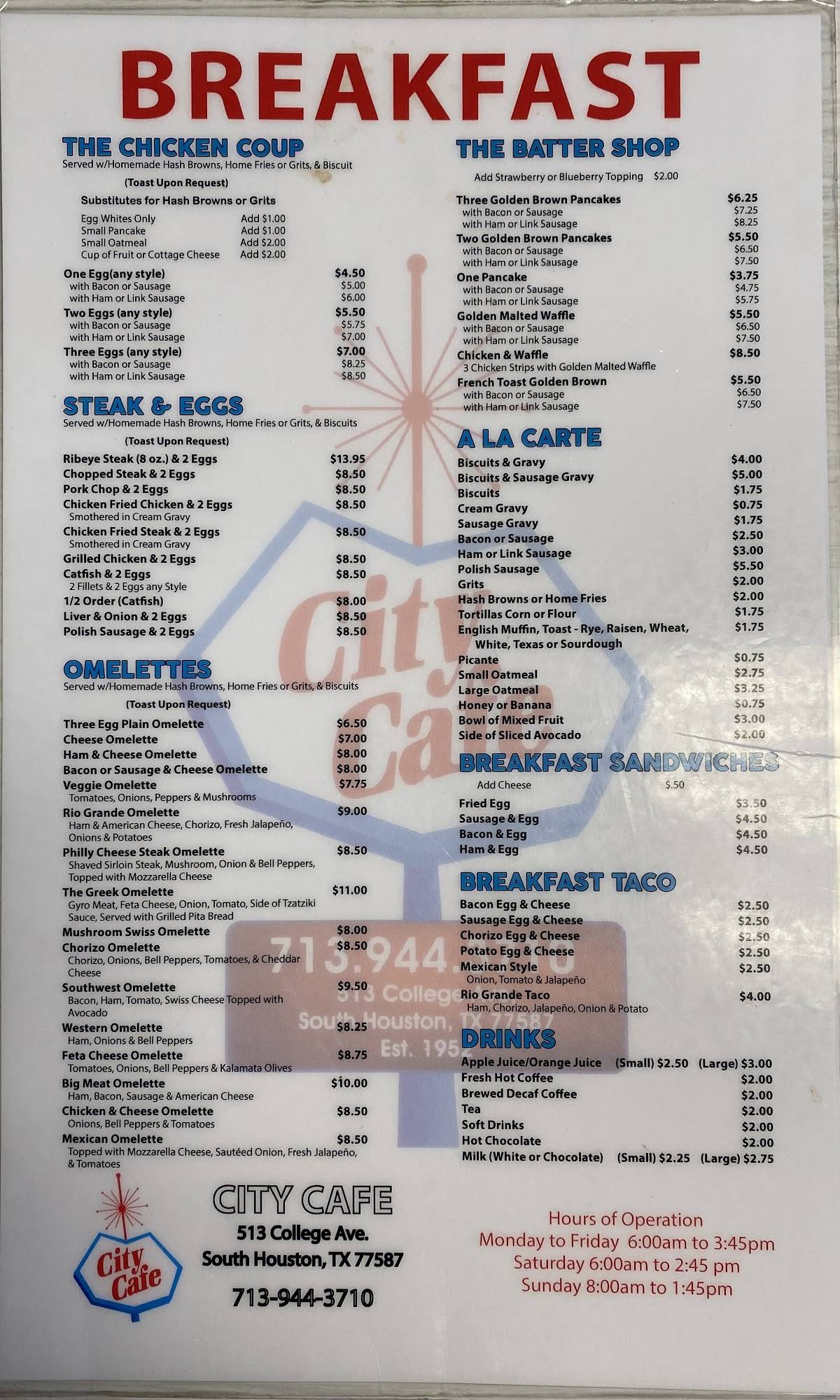 Menu at City Cafe, South Houston, 513 College Ave