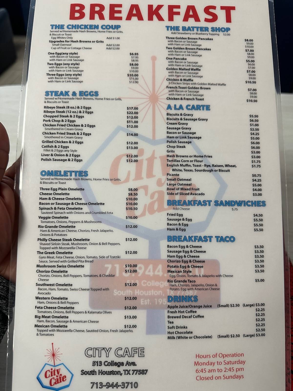 Menu at City Cafe, South Houston, 513 College Ave
