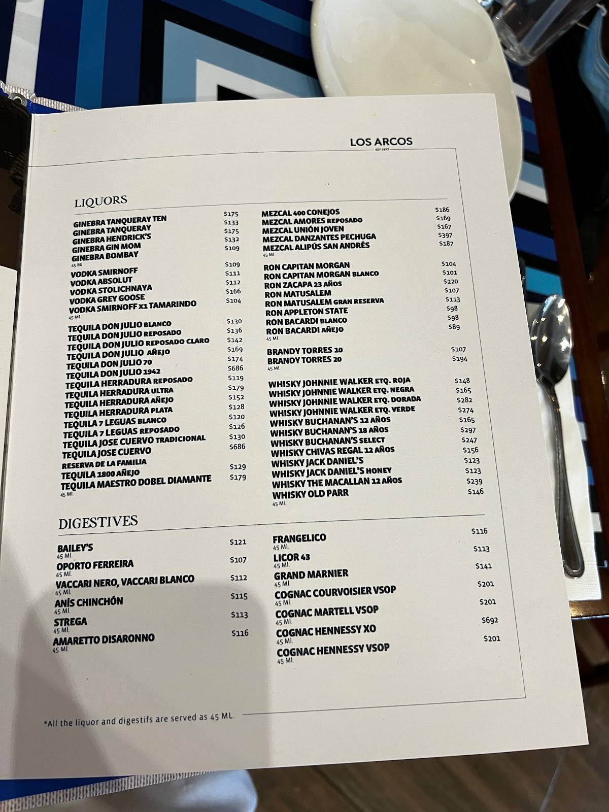 Menu at Los Arcos restaurant, Ciudad Juarez