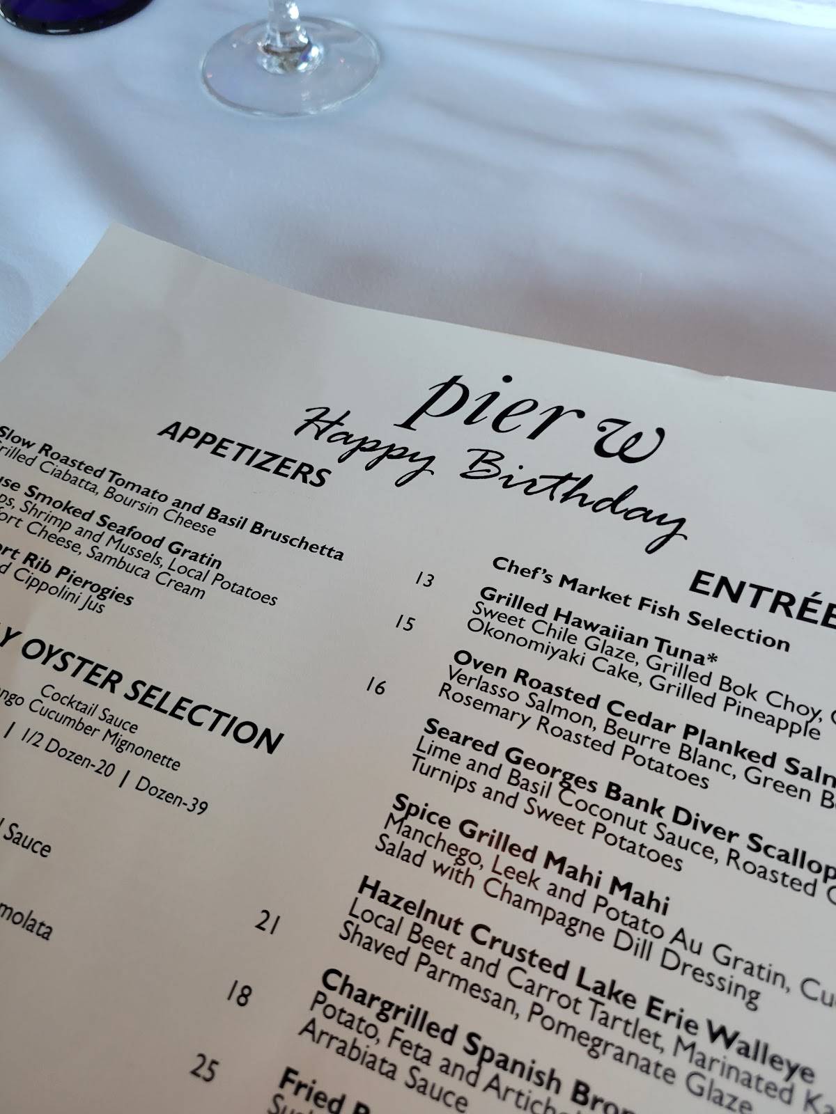 Menu at Pier W restaurant, Lakewood