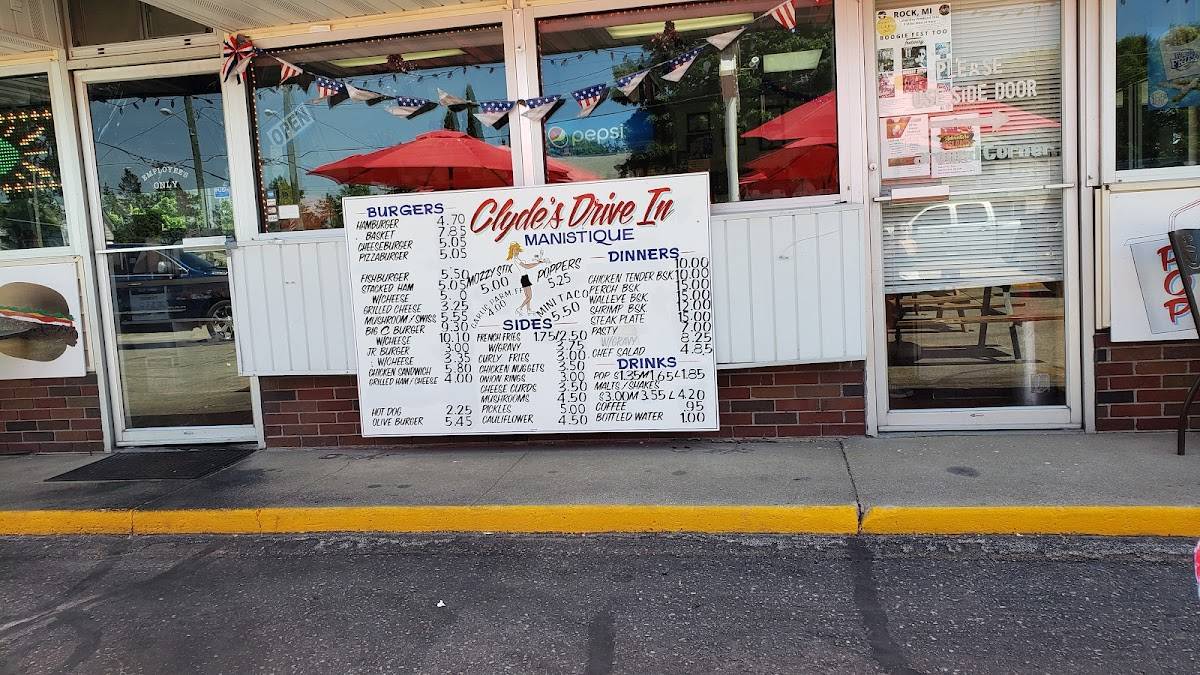 Menu at Clyde's Drive-In restaurant, Manistique