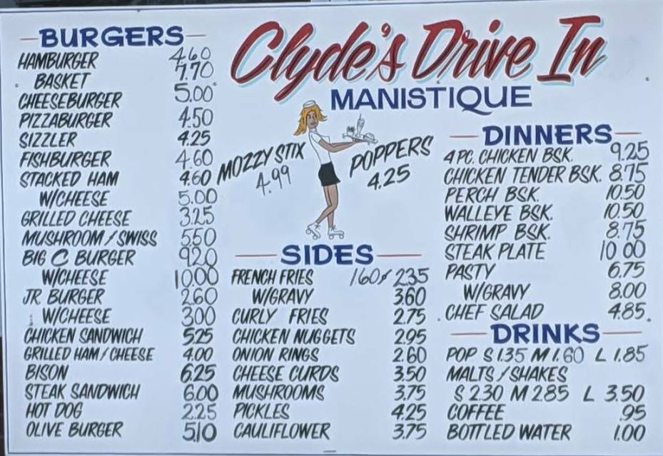 Menu at Clyde's Drive-In restaurant, Manistique