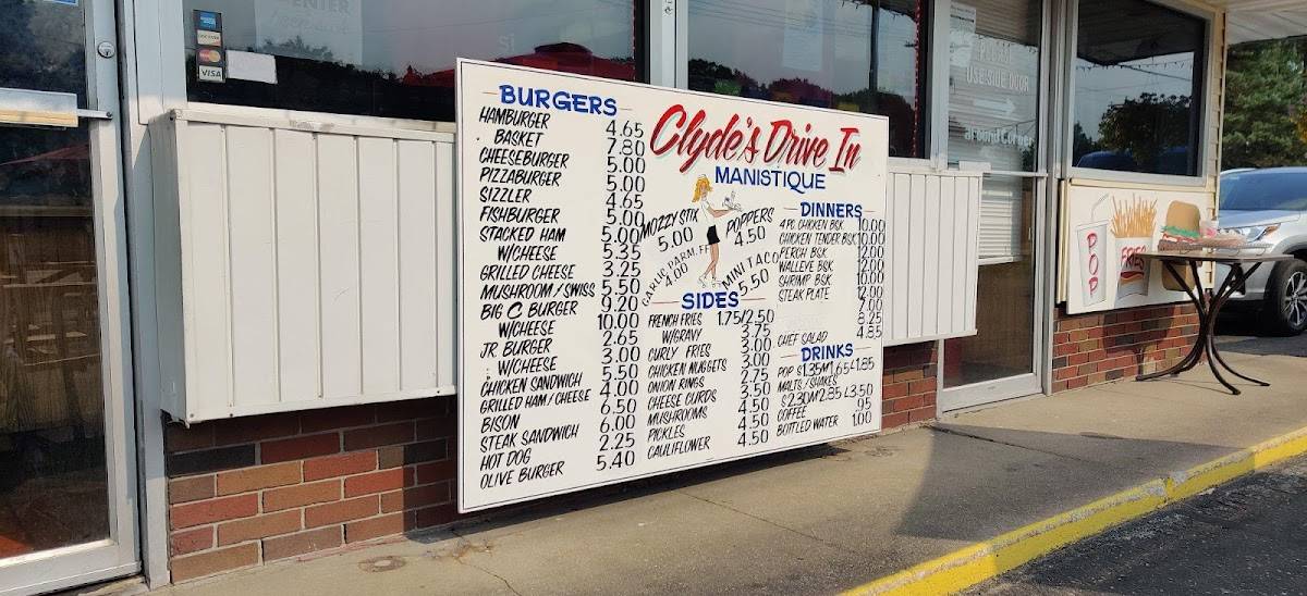 Menu at Clyde's Drive-In restaurant, Manistique