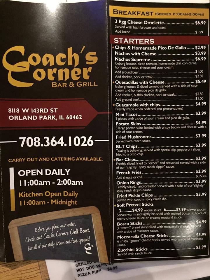Menu at Coach's Corner Sports Bar & Grill, Orland Park, W 143rd St