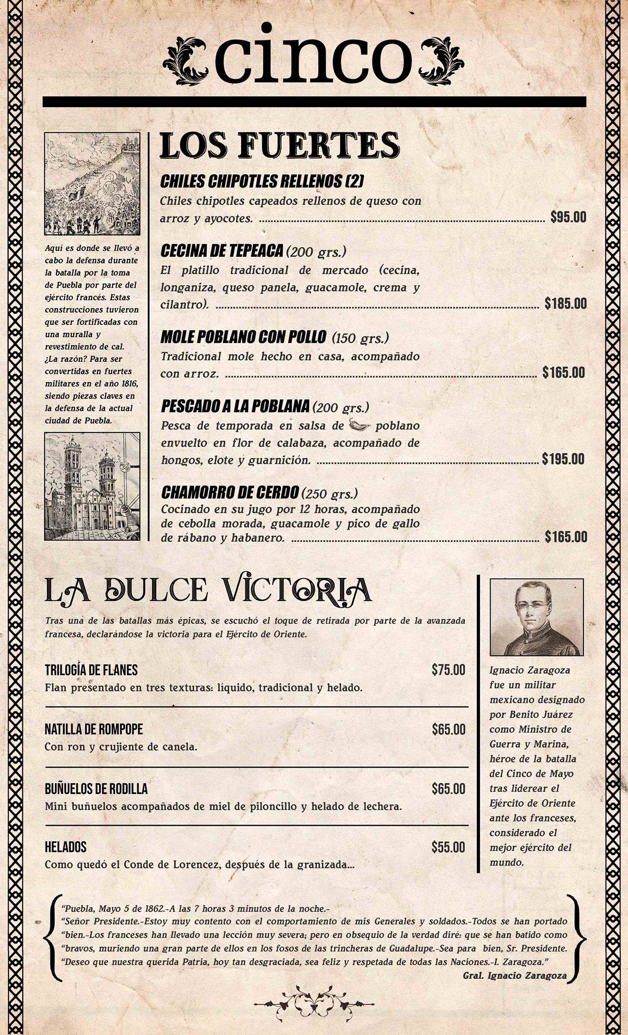 Menu at Cinco Cocina Urbana restaurant, Puebla City