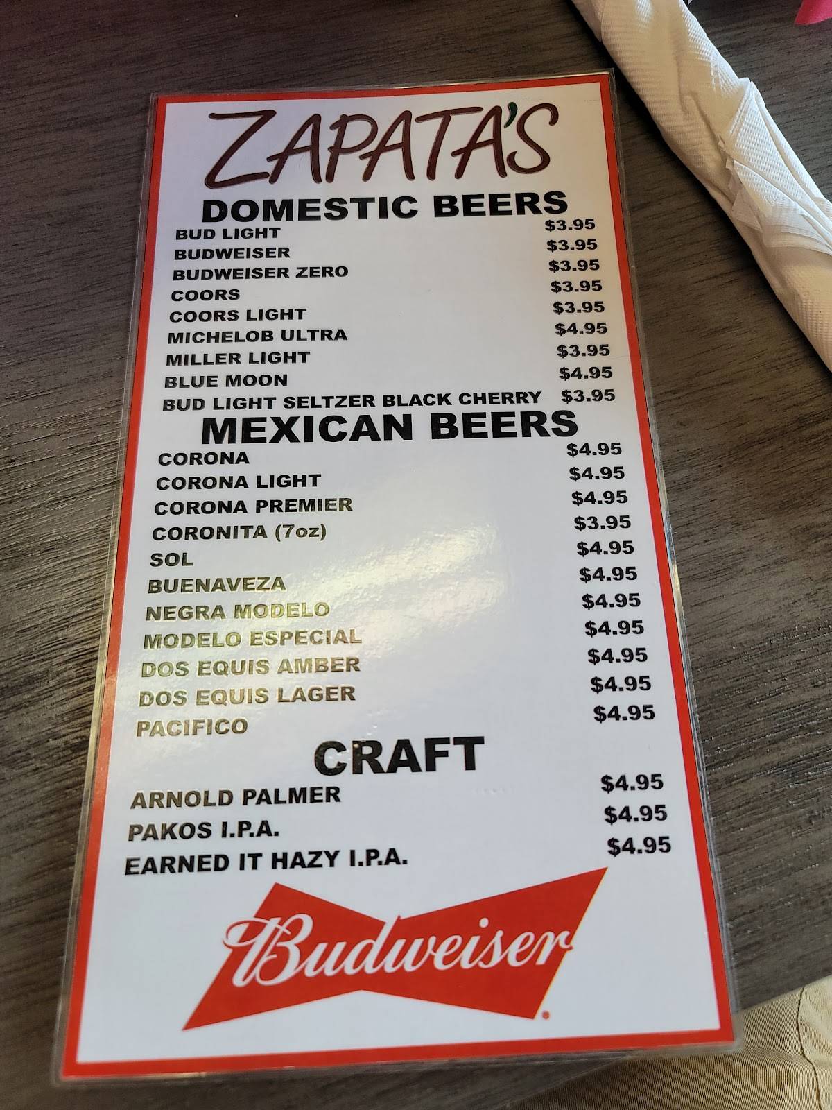 Menu at Zapata's restaurant, Cody, Sheridan Ave