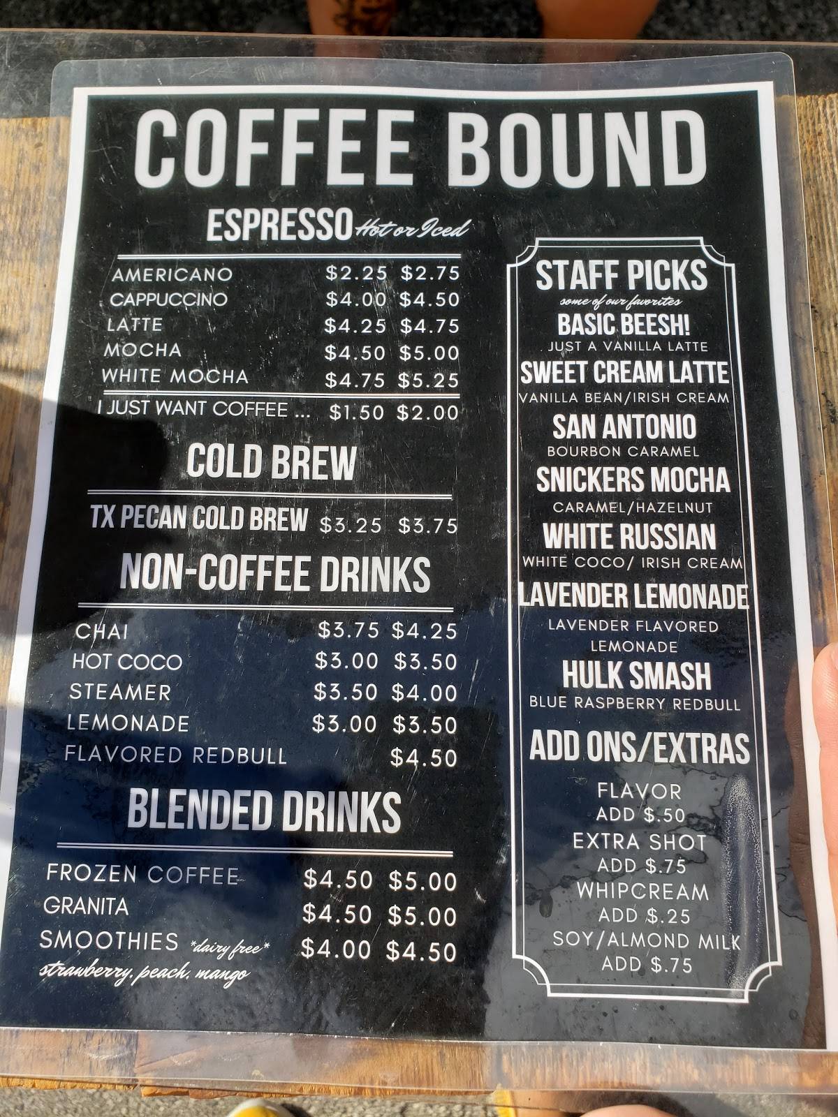 Menu at Coffee Bound, San Antonio, 890 Patch Rd