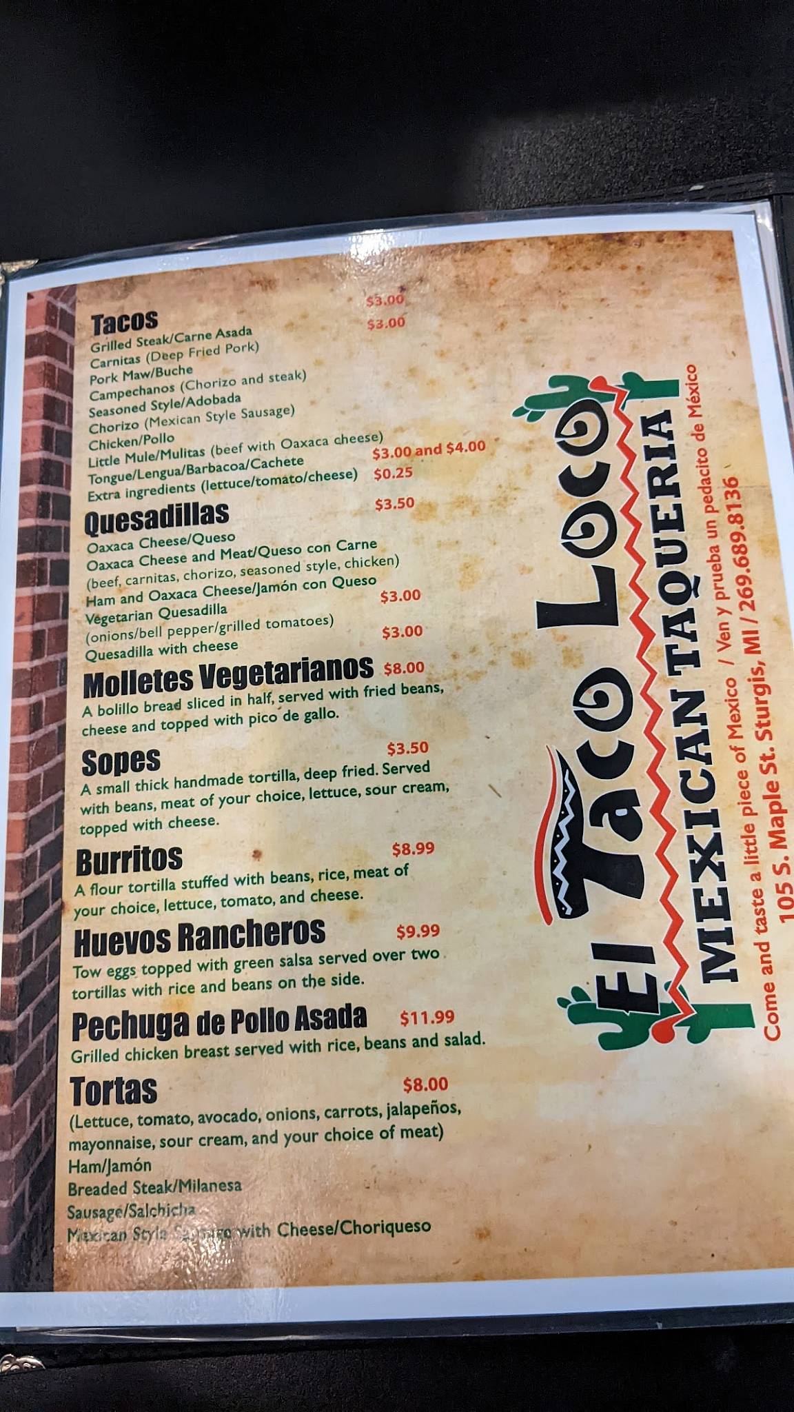 Menu at El Taco Loco Mexican Taqueria restaurant, Coldwater