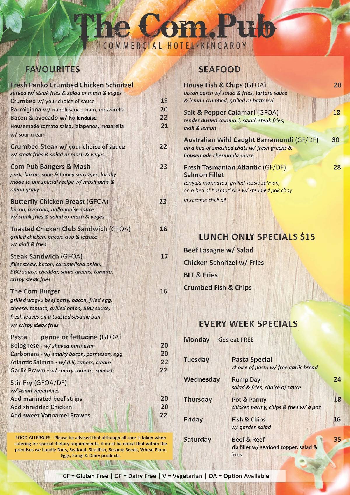 Menu at Commercial Hotel Kingaroy pub & bar, Kingaroy