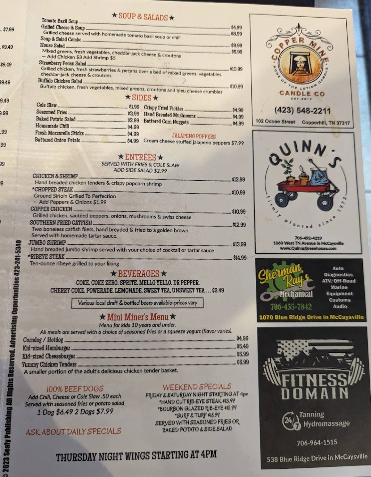 Menu at The Copper Grill restaurant, Copperhill
