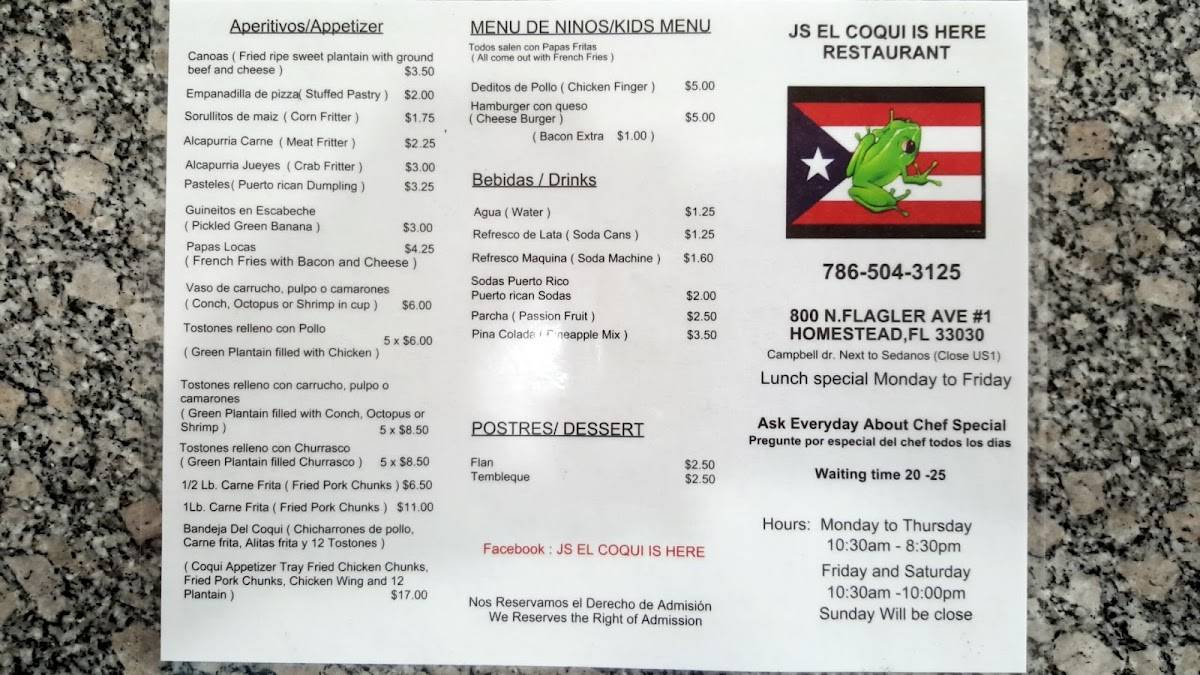 Menu at Coqui by Tayta's restaurant, Homestead