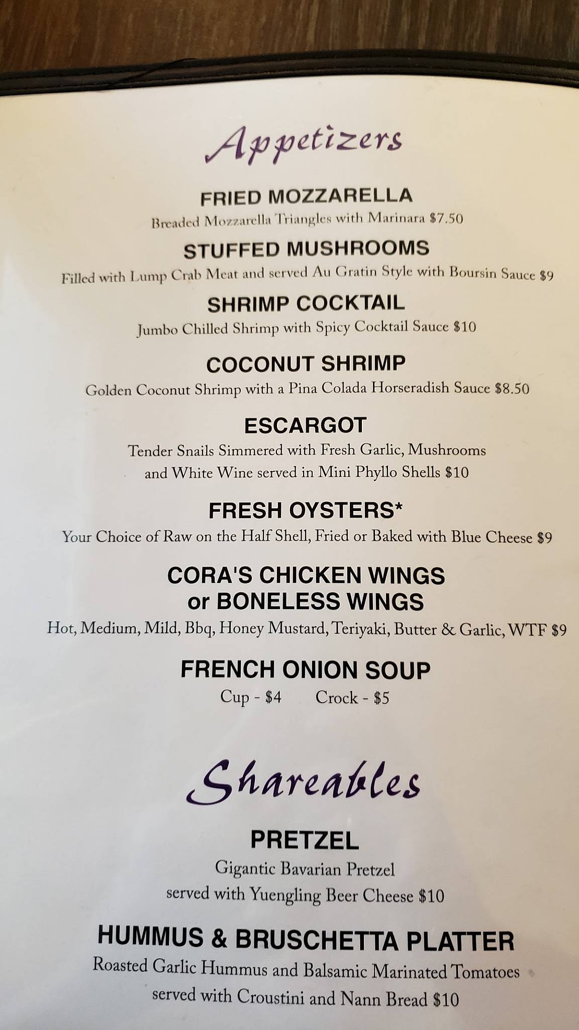 Menu at Cora's 1850 Bistro restaurant, Hawley, 525 Welwood Ave