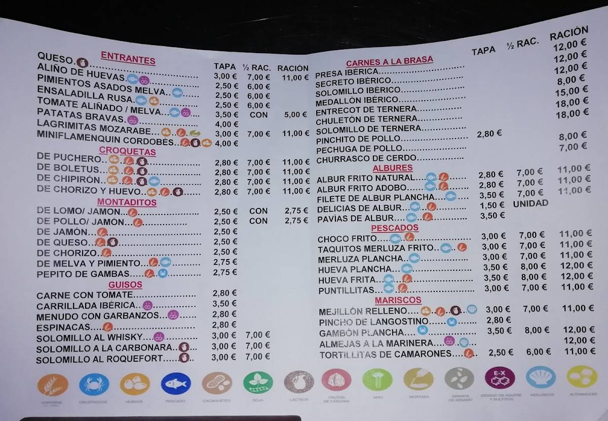 Carta de Bar Los Albures, Coria del Río