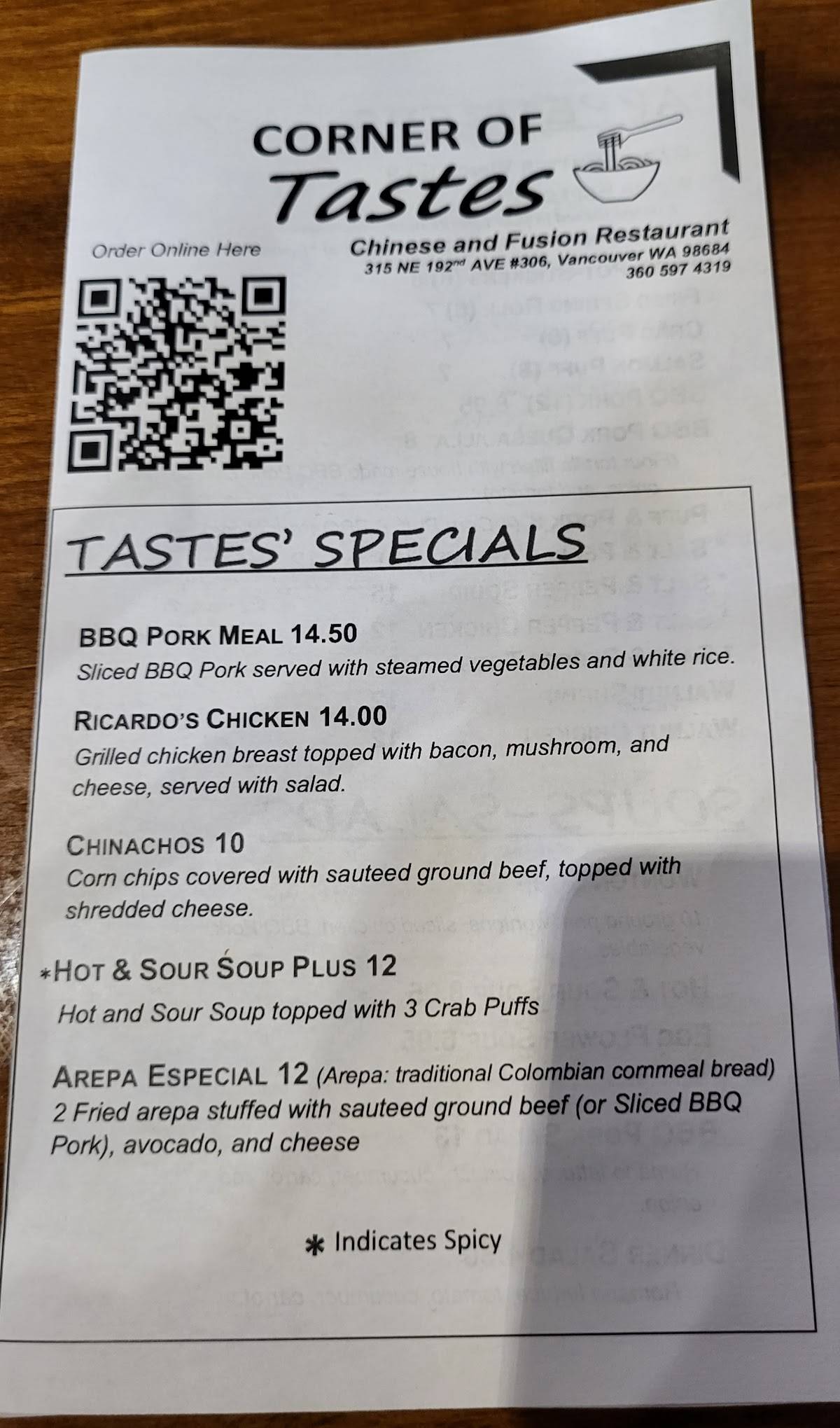 Menu at Corner of Tastes restaurant, Vancouver
