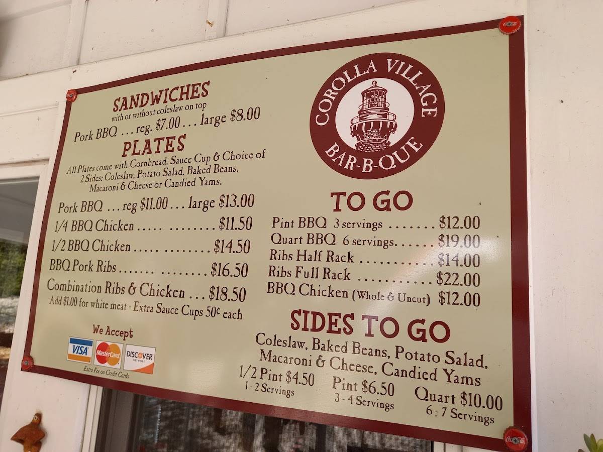 Menu at Corolla Village Barbecue, Corolla