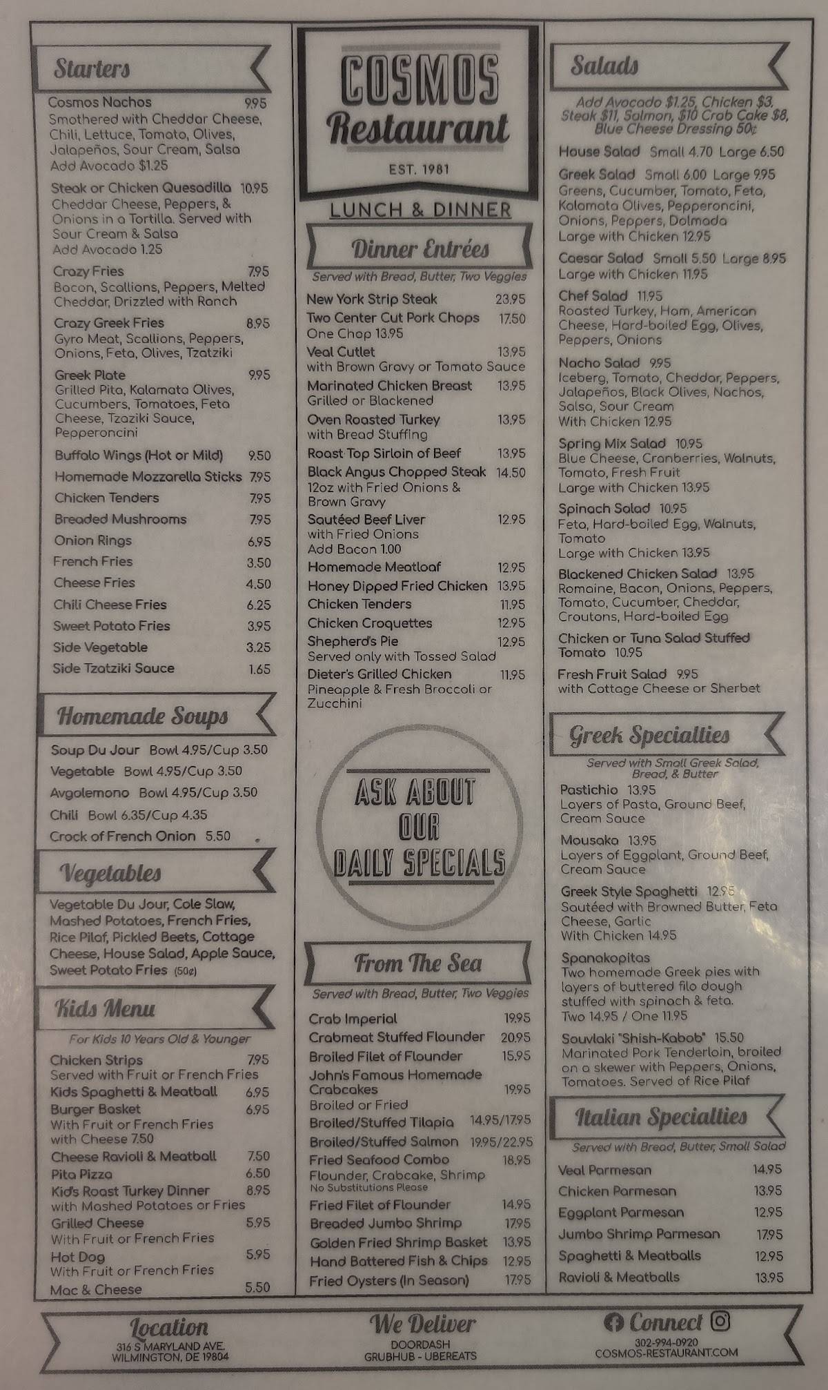 Menu at Cosmos Restaurant, Wilmington