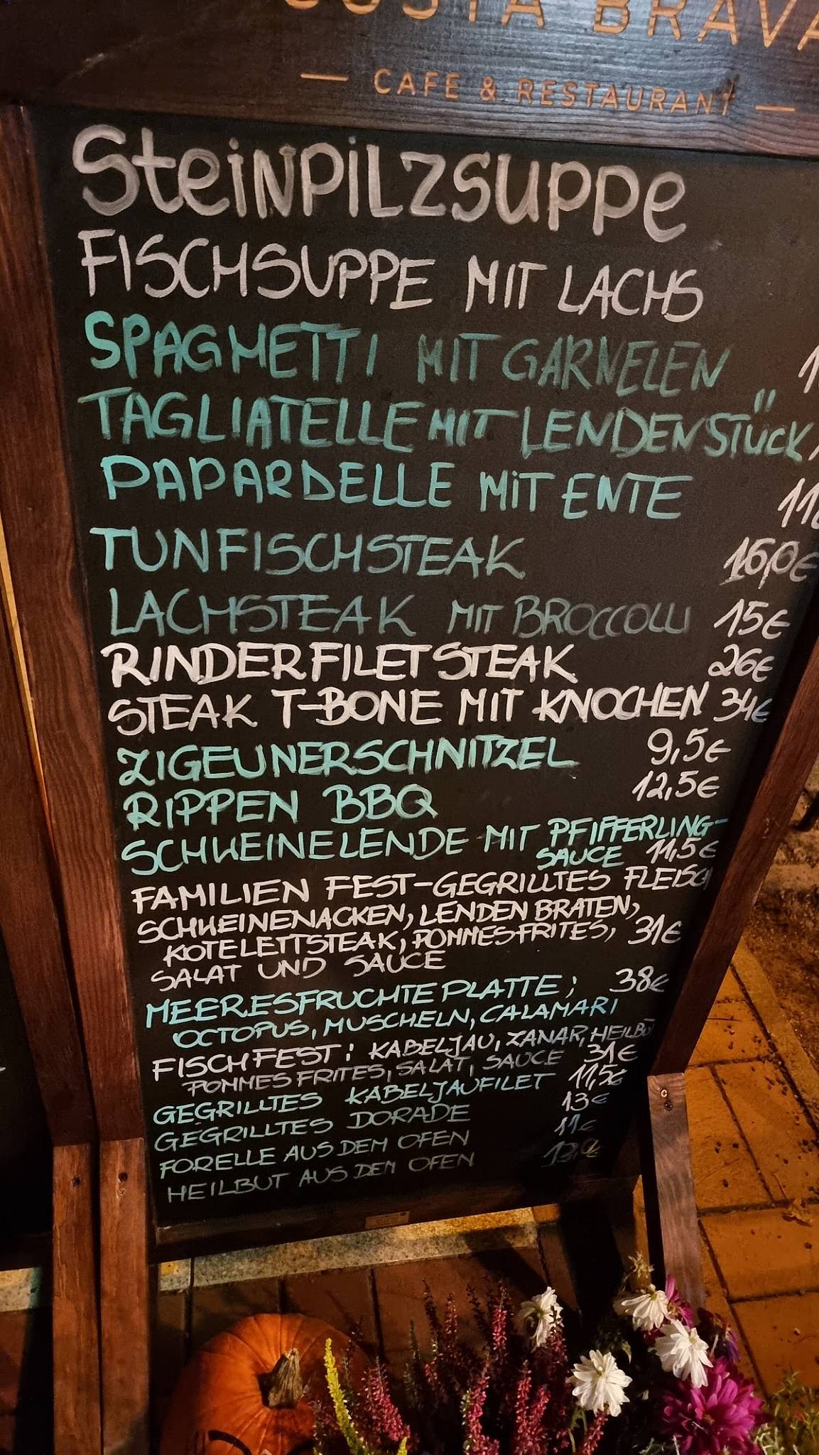 Menu at Costa Brava restaurant, Swinoujscie