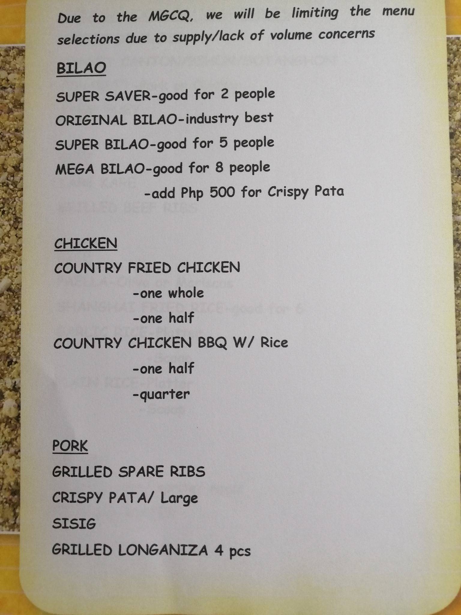Carta del restaurante Country Chicken, Zamboanga