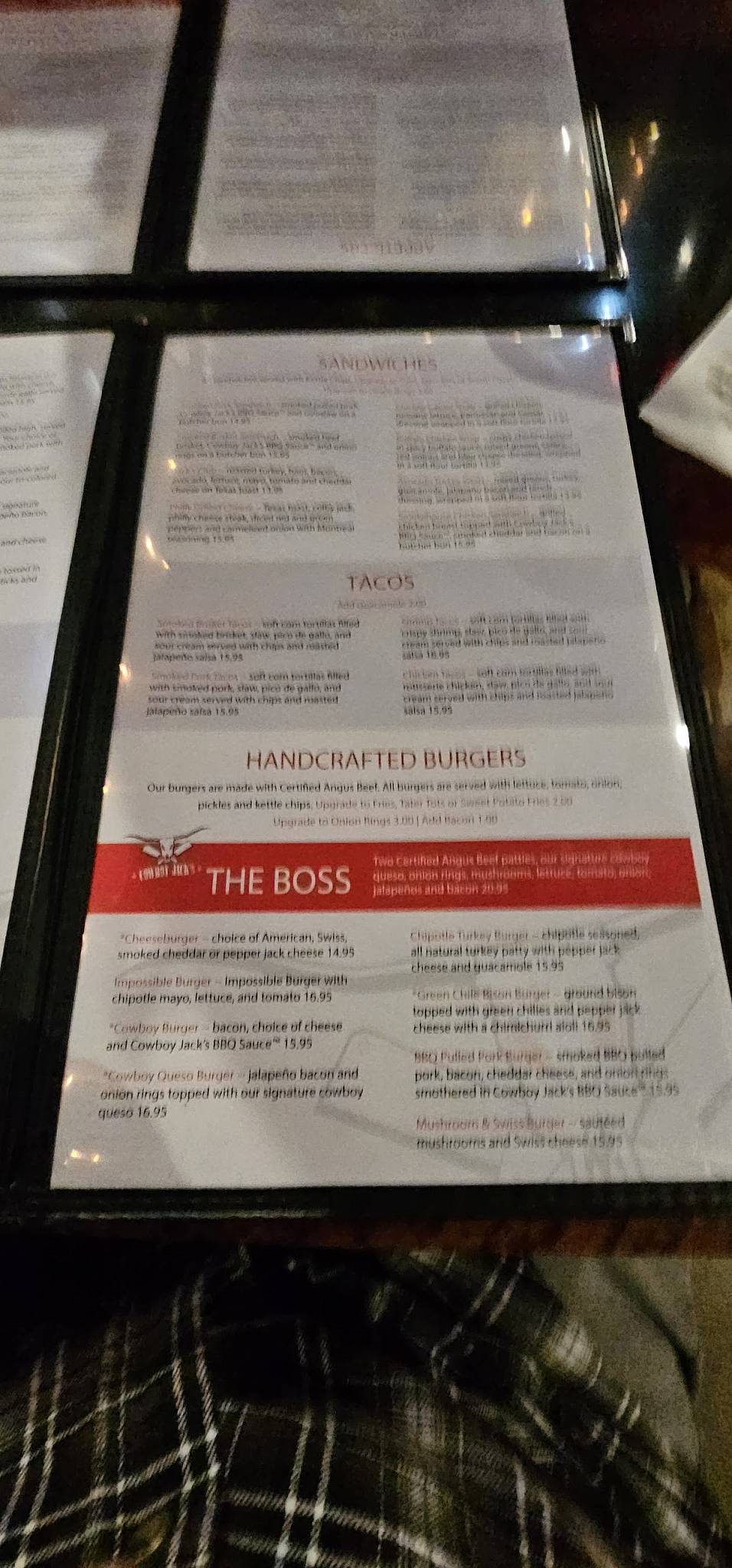 Menu at Cowboy Jack's restaurant, Bloomington, 60 E Broadway