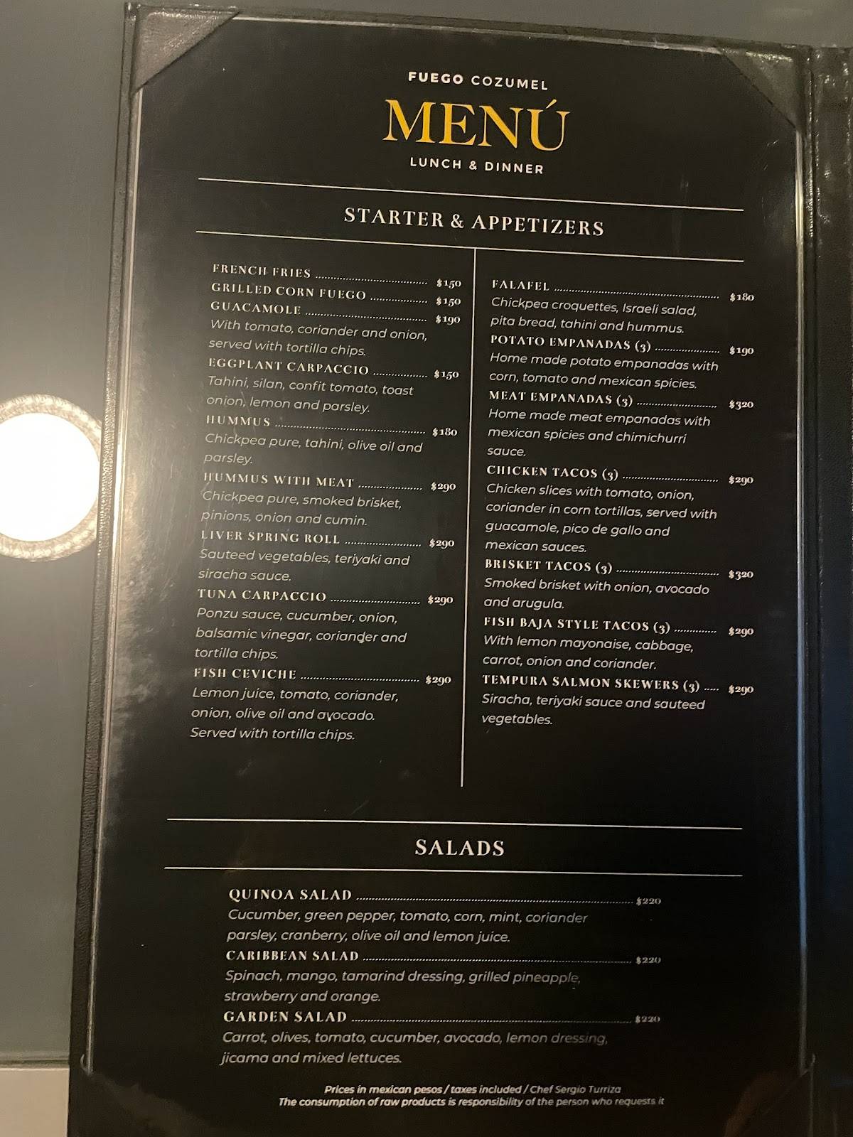 Menu at Fuego Restaurant Cozumel, San Miguel de Cozumel