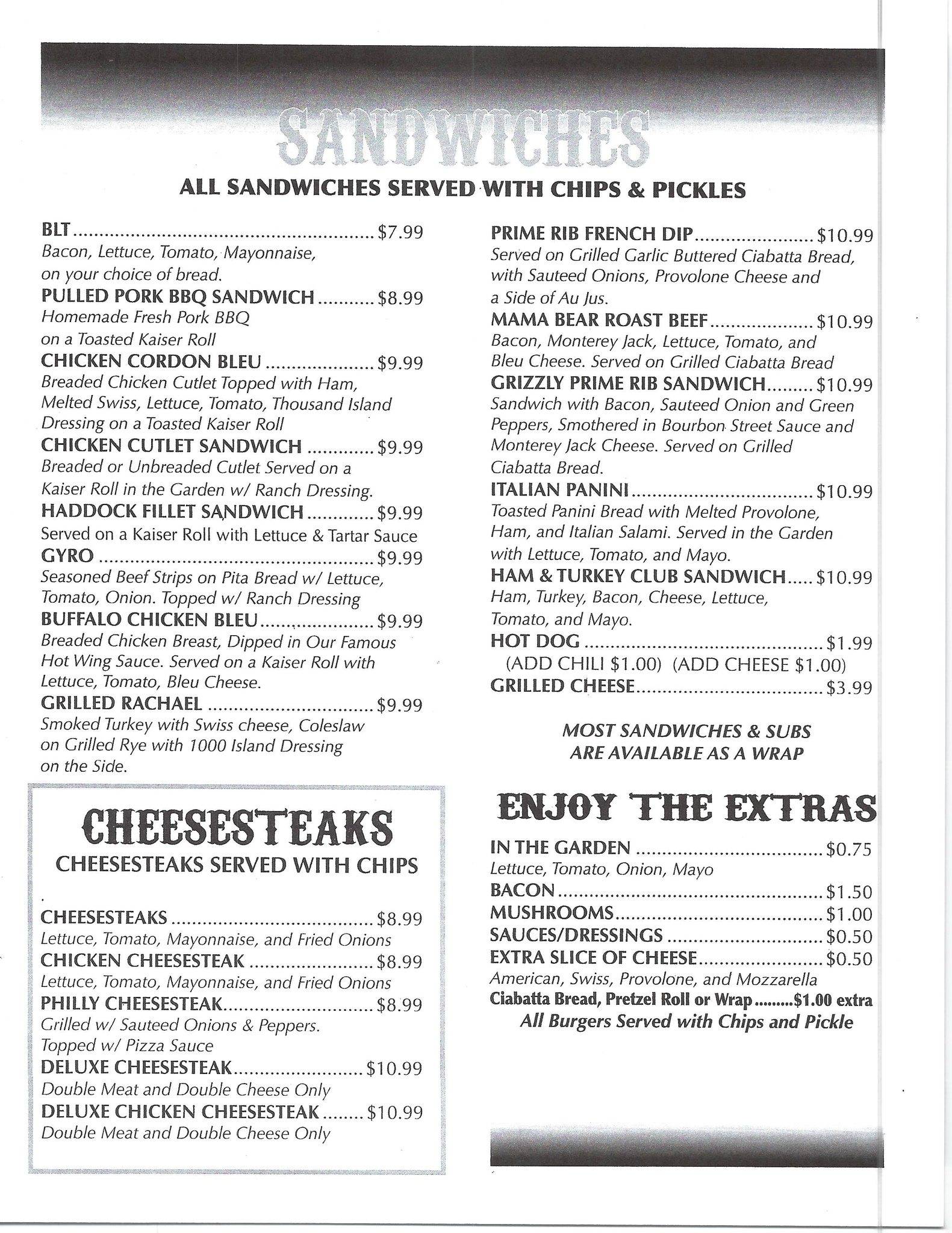 Menu at Crippled Bear Inn pub & bar, Williamsport, Lycoming Creek Rd