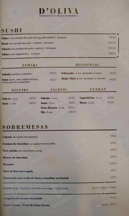 Menu em Restaurante d'Oliva, Matosinhos