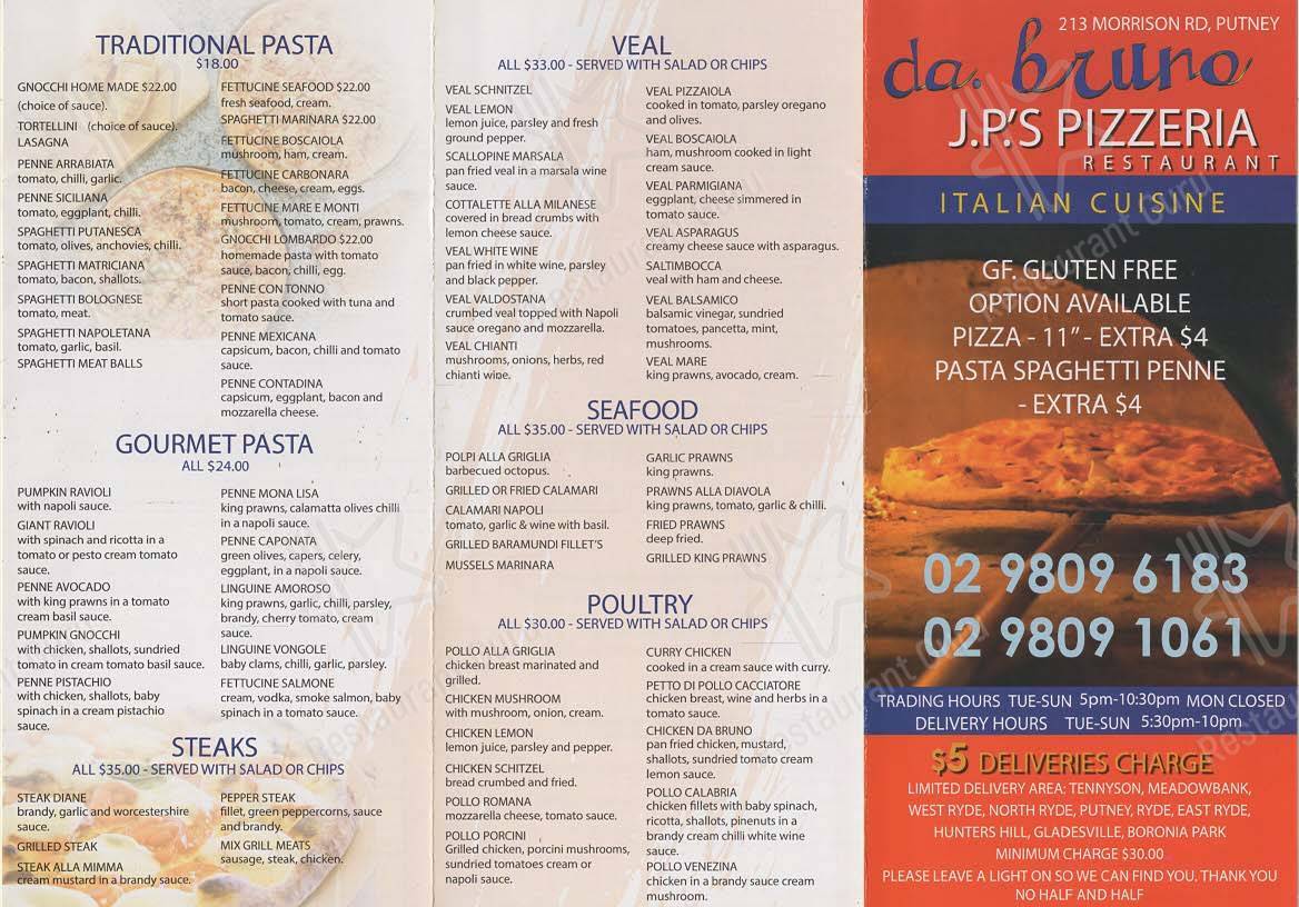 Menu at Da Bruno Pizzeria, Putney