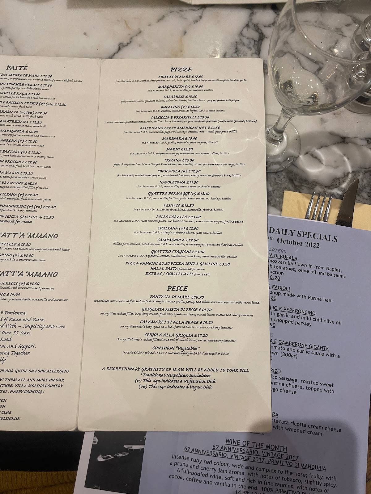 Menu at Da Mario Kensington restaurant, London, 15 Gloucester Rd