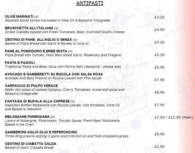 Menu at Da Mario Kensington restaurant, London, 15 Gloucester Rd